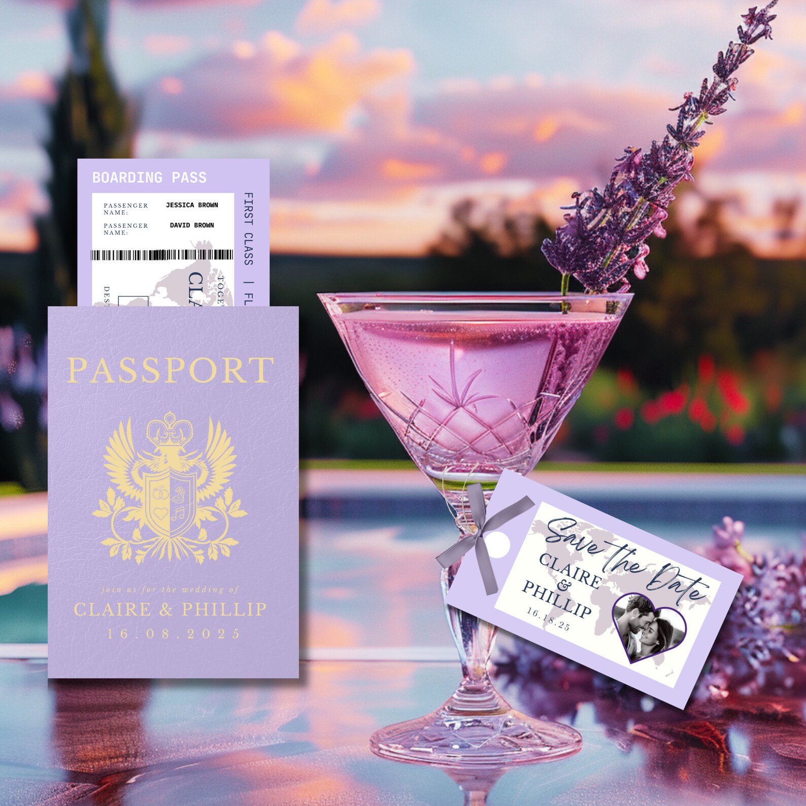 Passport Wedding Invitation & Save the Date Boarding Pass, Lavender ...