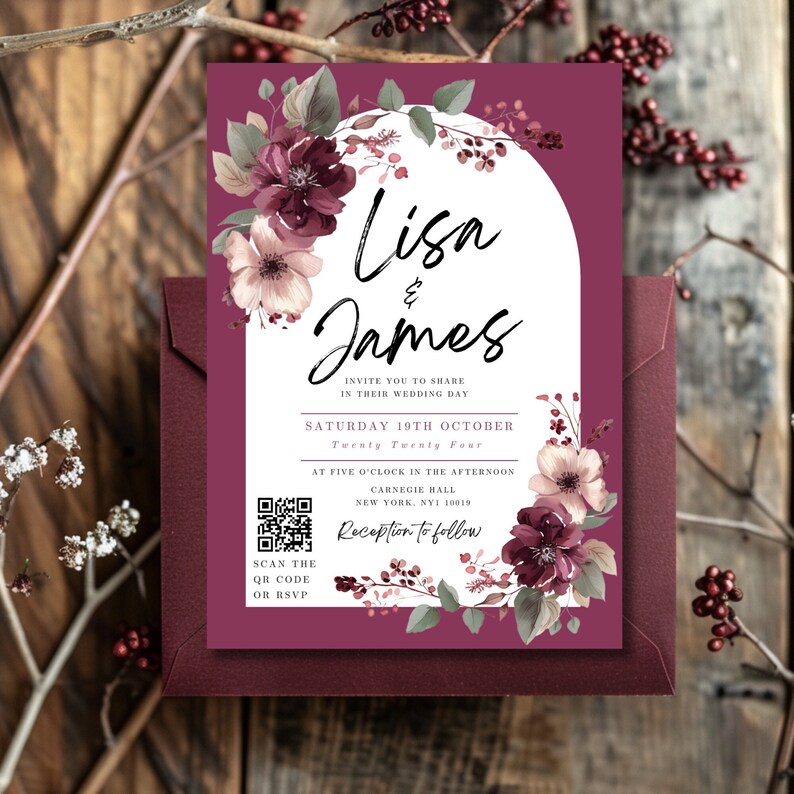 Floral Burgundy Wedding Invitation, SVG, QR Code, DIY, Digital, Canva ...