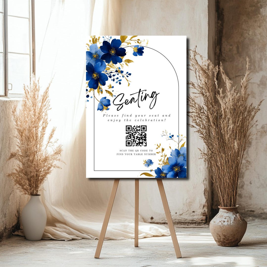Royal Blue Floral Wedding Seating Chart With QR Code (canva Template ...