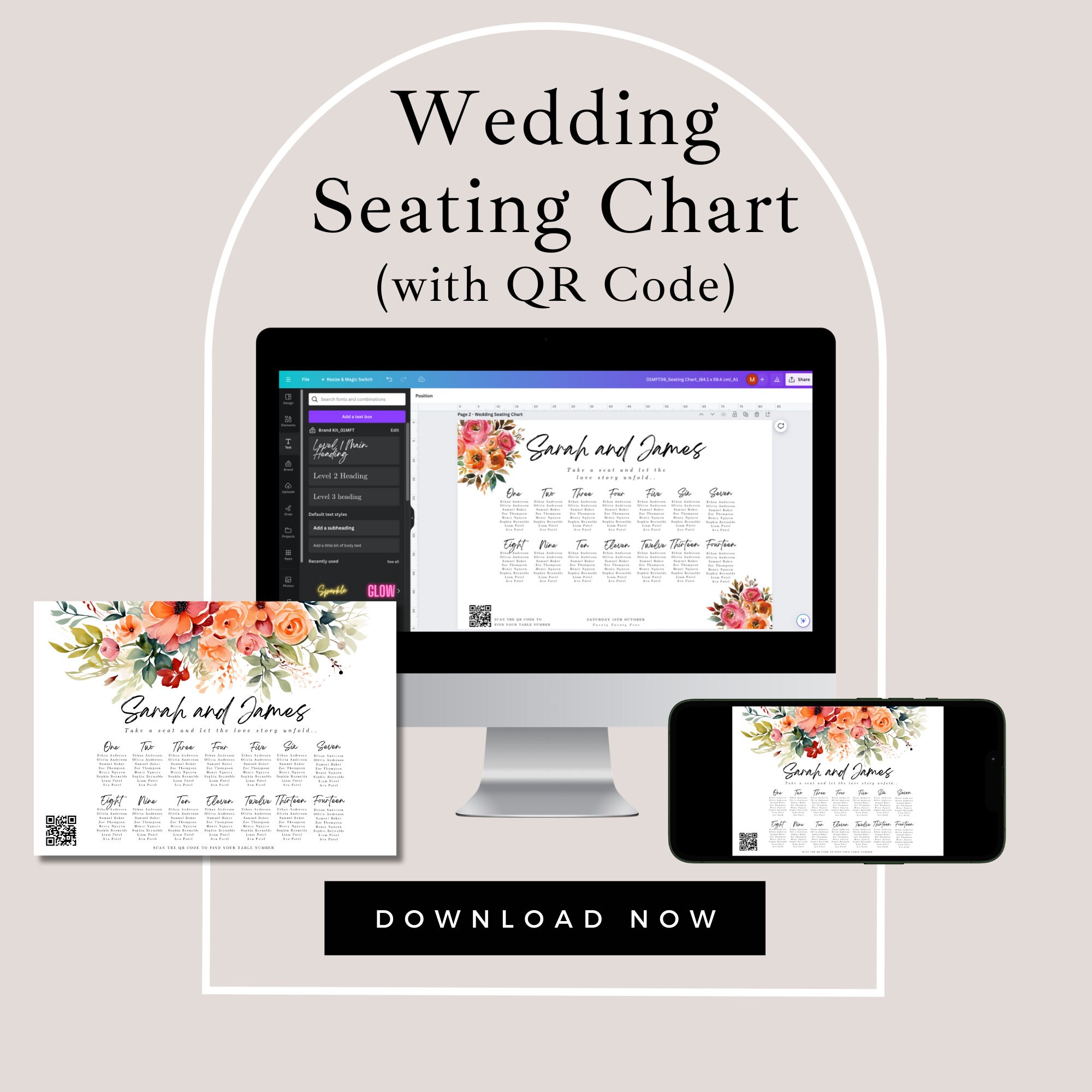 Wedding Seating Chart, SVG, QR Code, Wedding, Floral, Editable, Canva ...