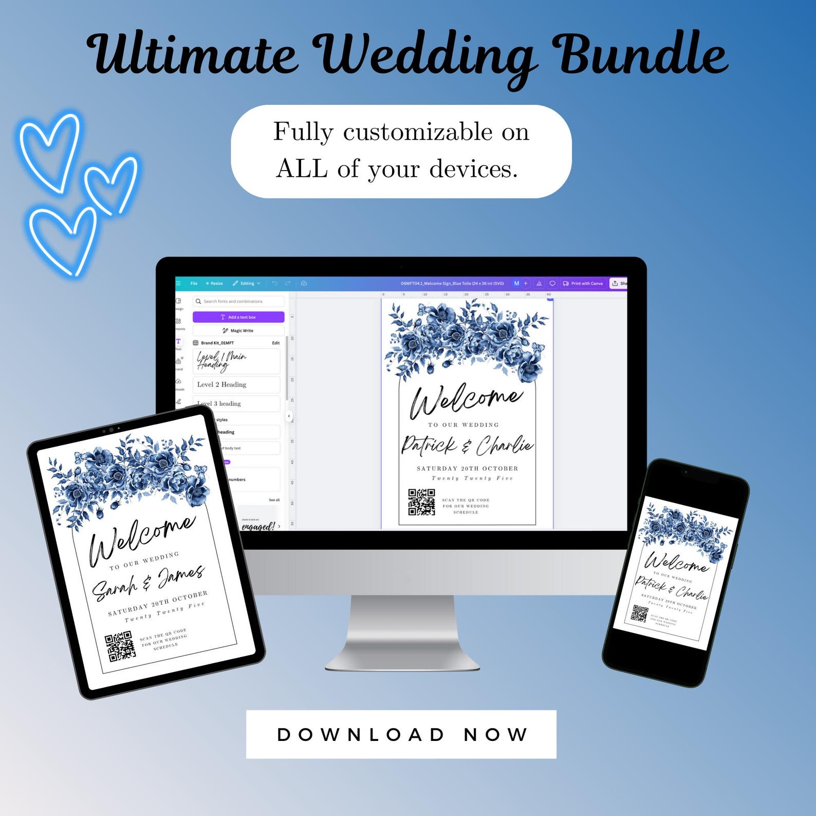 Blue Toile Wedding Welcome Sign Template With QR Code (SVG) - Etsy
