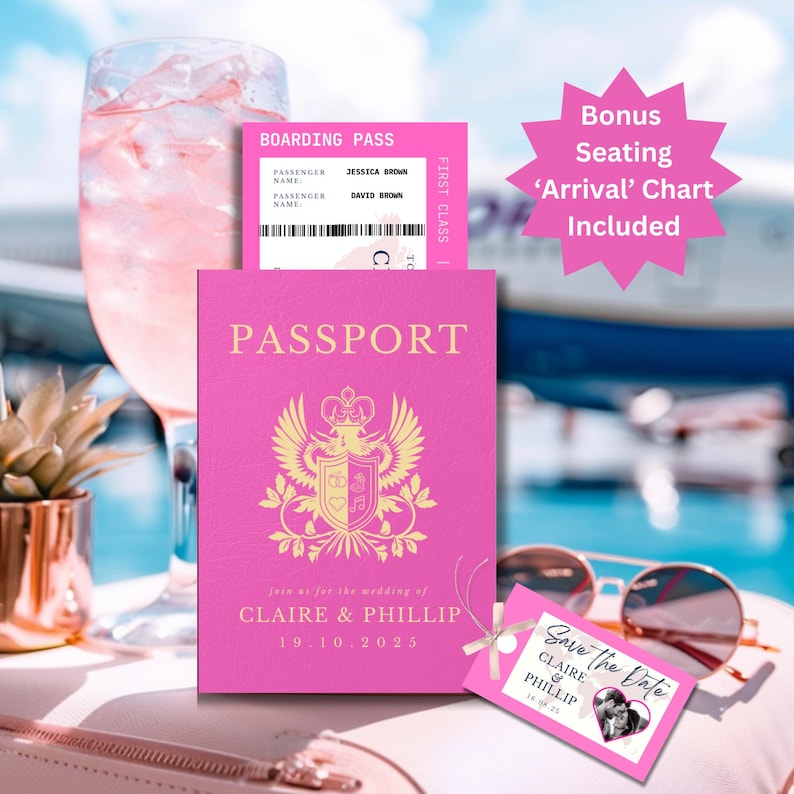 Hot Pink Passport Wedding Invitation Set: Boarding Pass, Save the Date ...
