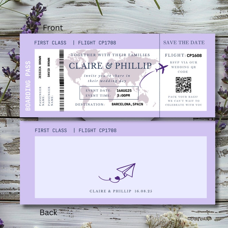 Passport Wedding Invitation & Save the Date Boarding Pass, Lavender ...