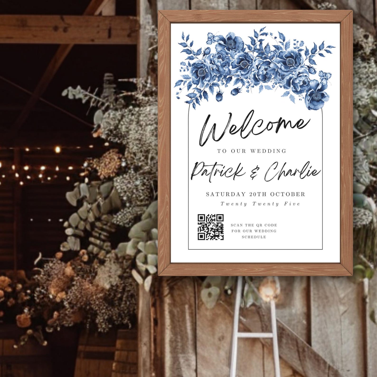 Blue Toile Wedding Welcome Sign Template With QR Code (SVG) - Etsy