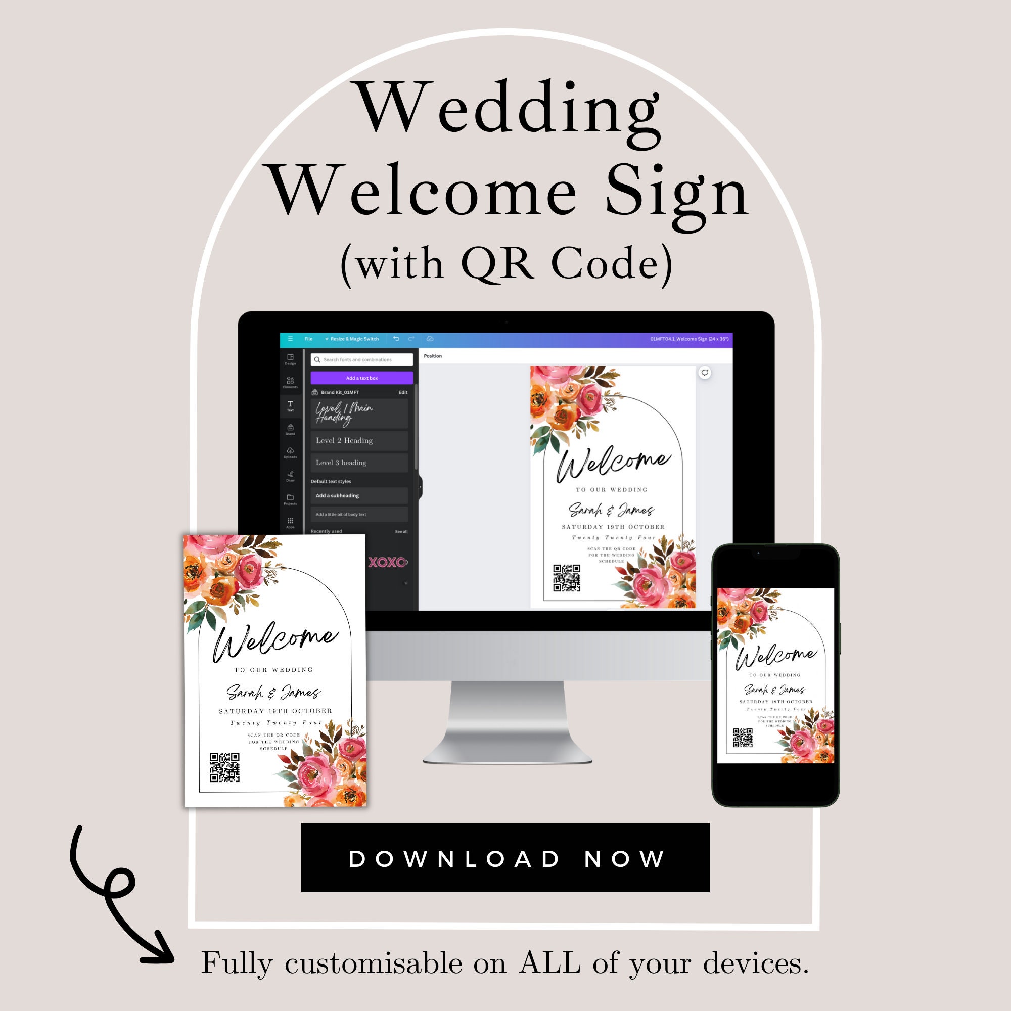 Wedding Sign QR Code, Wedding Sign SVG, Welcome Sign, Rosegold, Floral ...