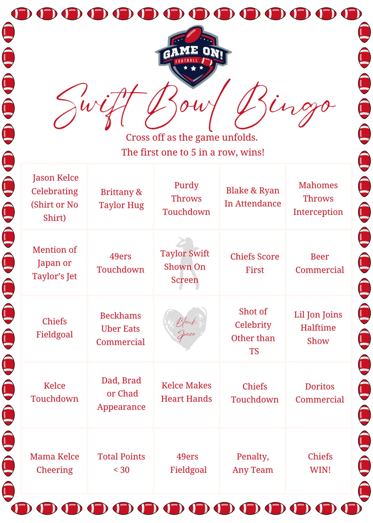 Swift Bowl Bingo Taylor's Version Super Bowl LVIII Bingo - Etsy