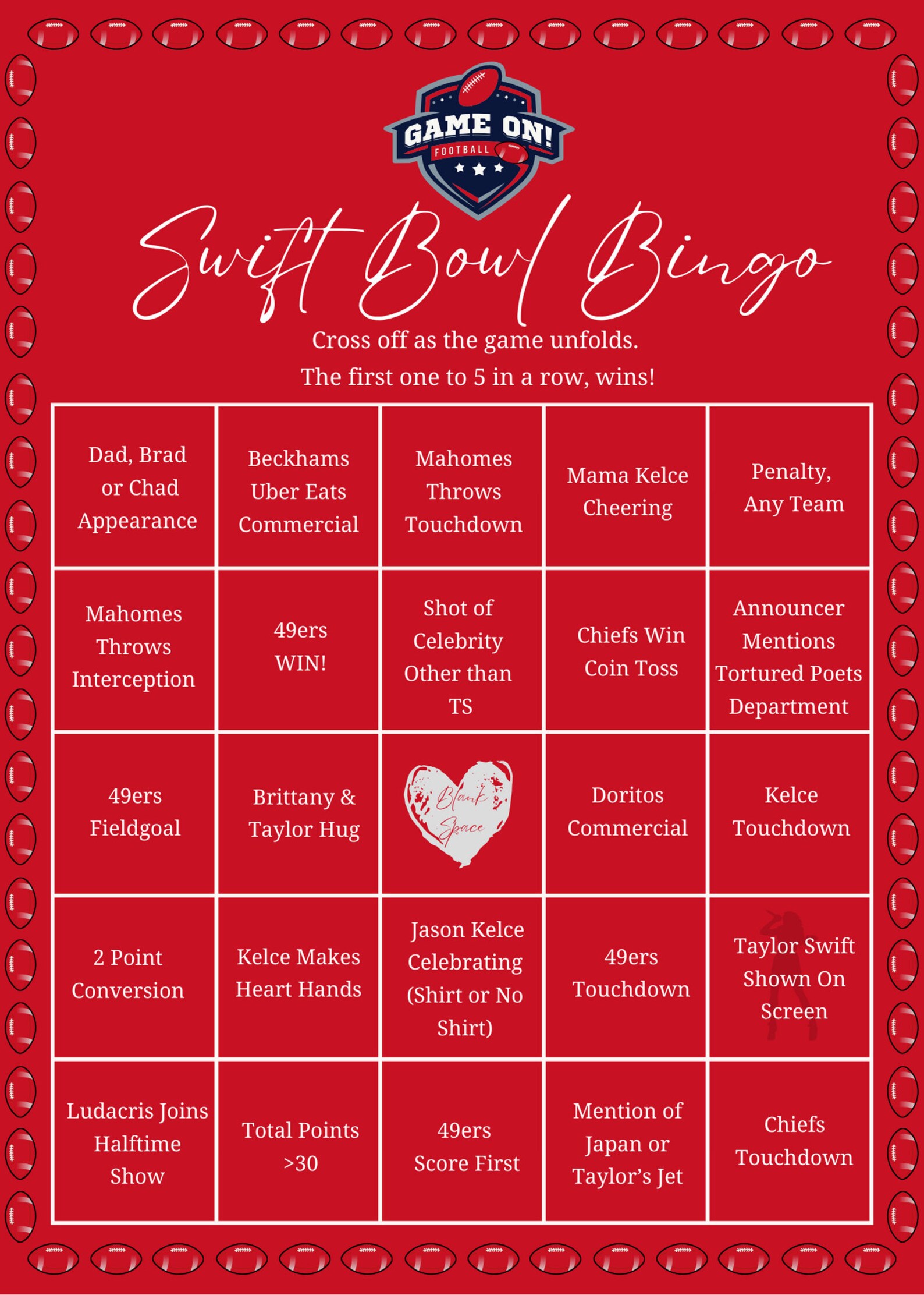 Swift Bowl Bingo Taylor's Version Super Bowl LVIII Bingo - Etsy