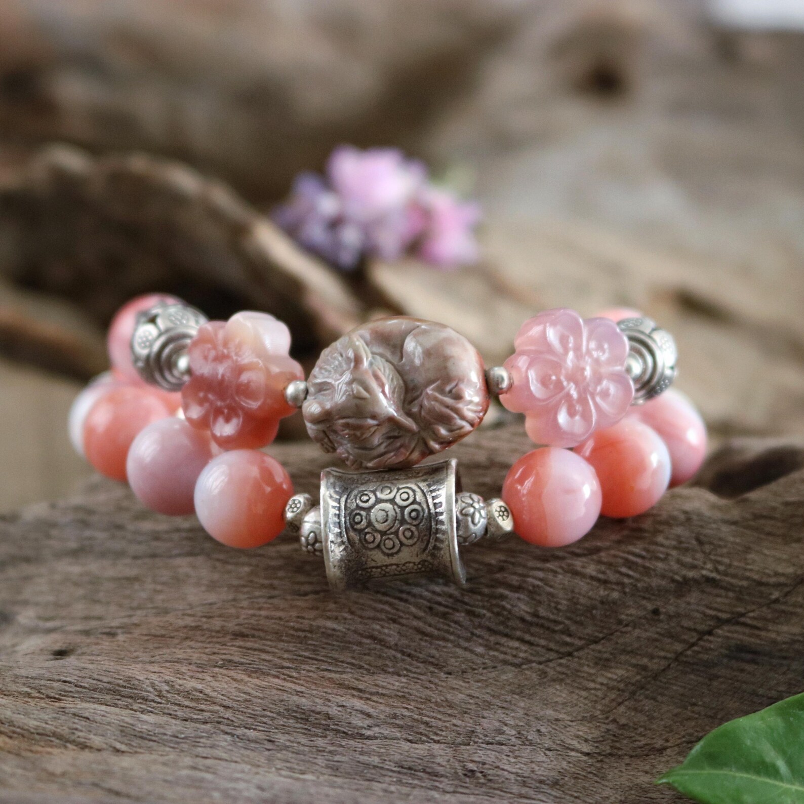 Artisan Handmade Hill Tribe Fine Silver Beads Apricot Agate Boho Chic Bracelet, OOAK, Carved ...