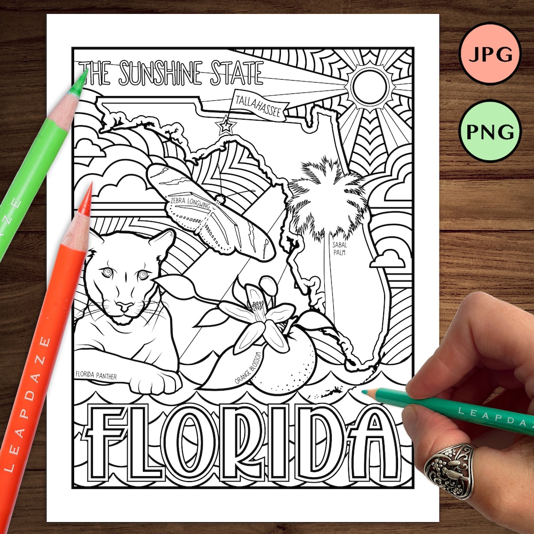 FLORIDA Printable Coloring Page With State Facts - United States of ...