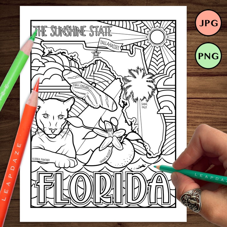 FLORIDA Printable Coloring Page With State Facts - United States of ...