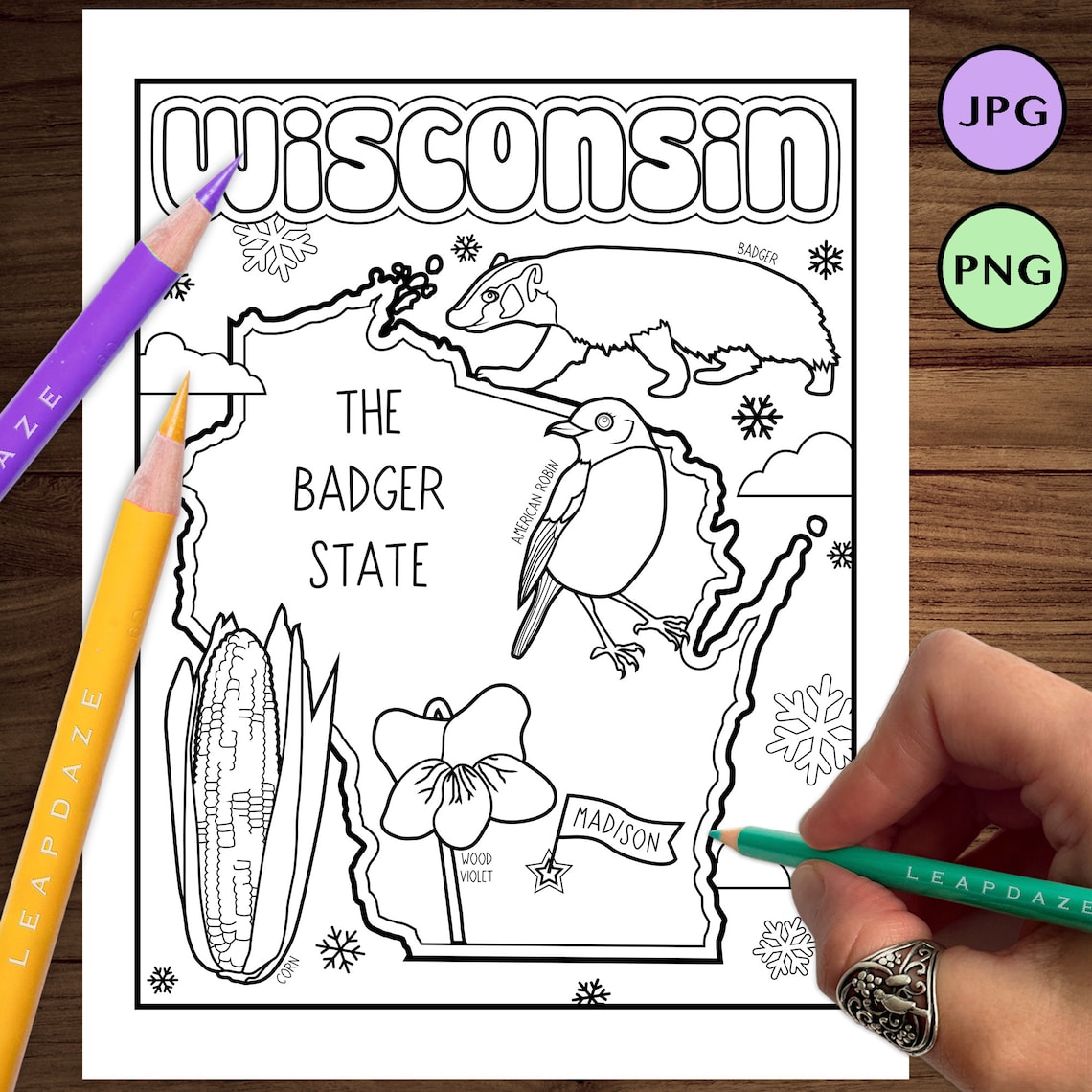 WISCONSIN Coloring Page With State Facts - Printable United States of ...