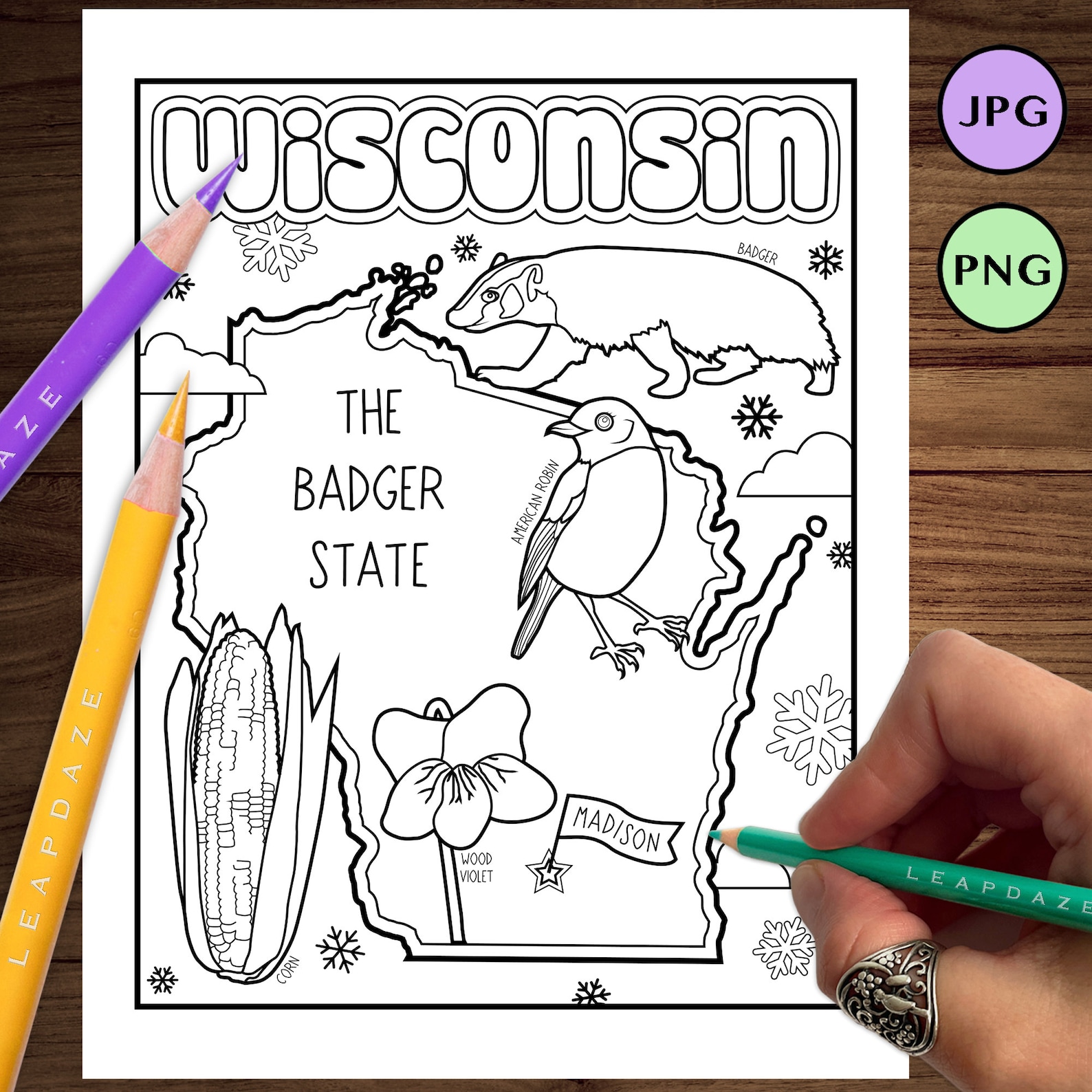 WISCONSIN Coloring Page With State Facts - Printable United States of ...