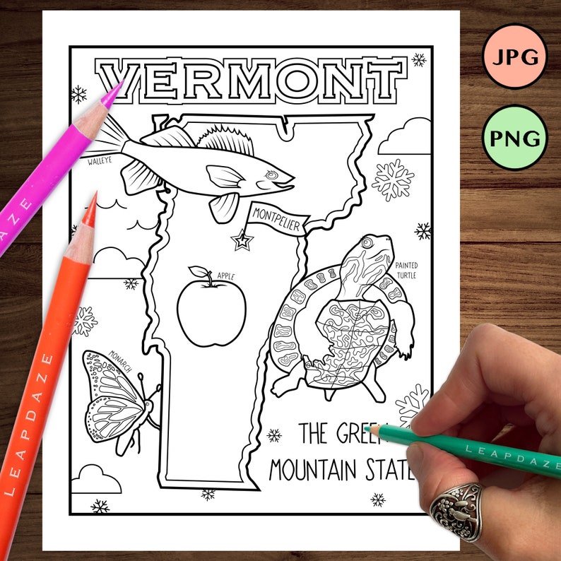 VERMONT Coloring Page With State Facts - Printable United States of ...