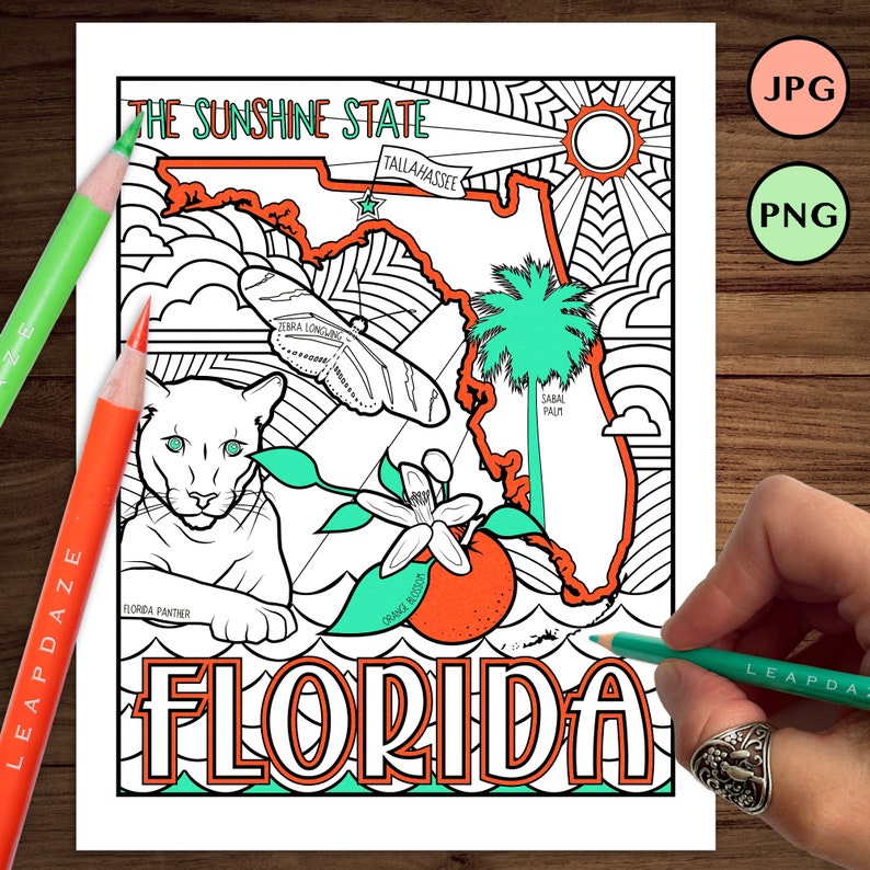FLORIDA Printable Coloring Page With State Facts - United States of ...