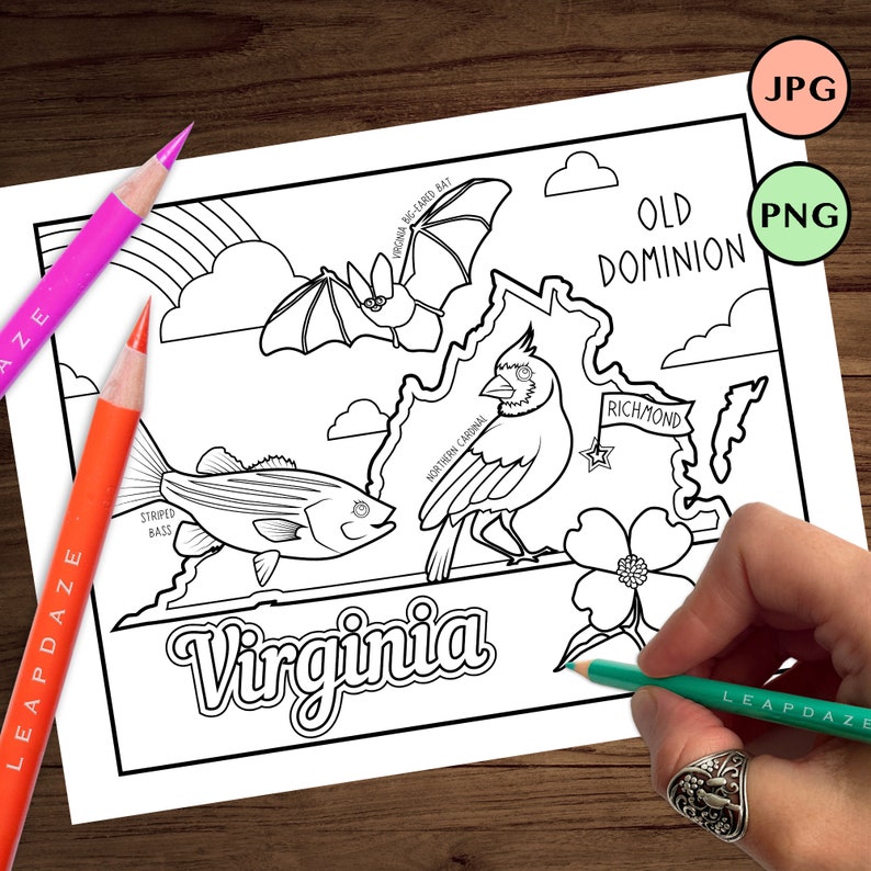 VIRGINIA Coloring Page With State Facts - Printable United States of ...