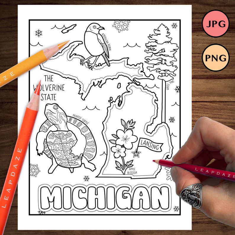 MICHIGAN Coloring Page With State Facts - Printable United States of ...