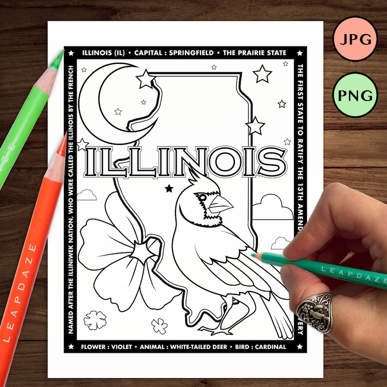 ILLINOIS Coloring Page With State Facts, Flower and Bird United States ...