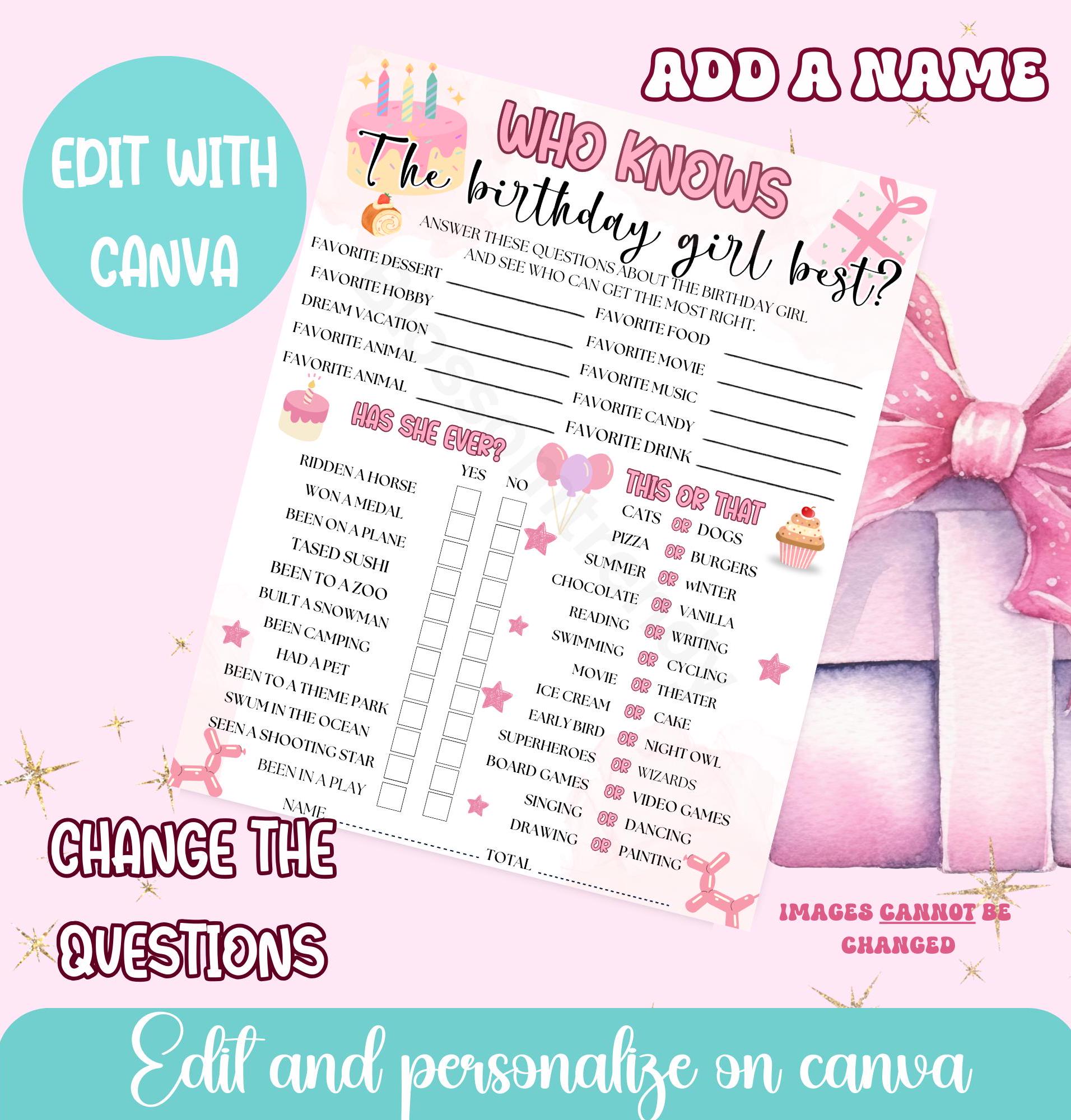 Who Knows the Birthday Girl Best, Birthday Party Games, Editable ...