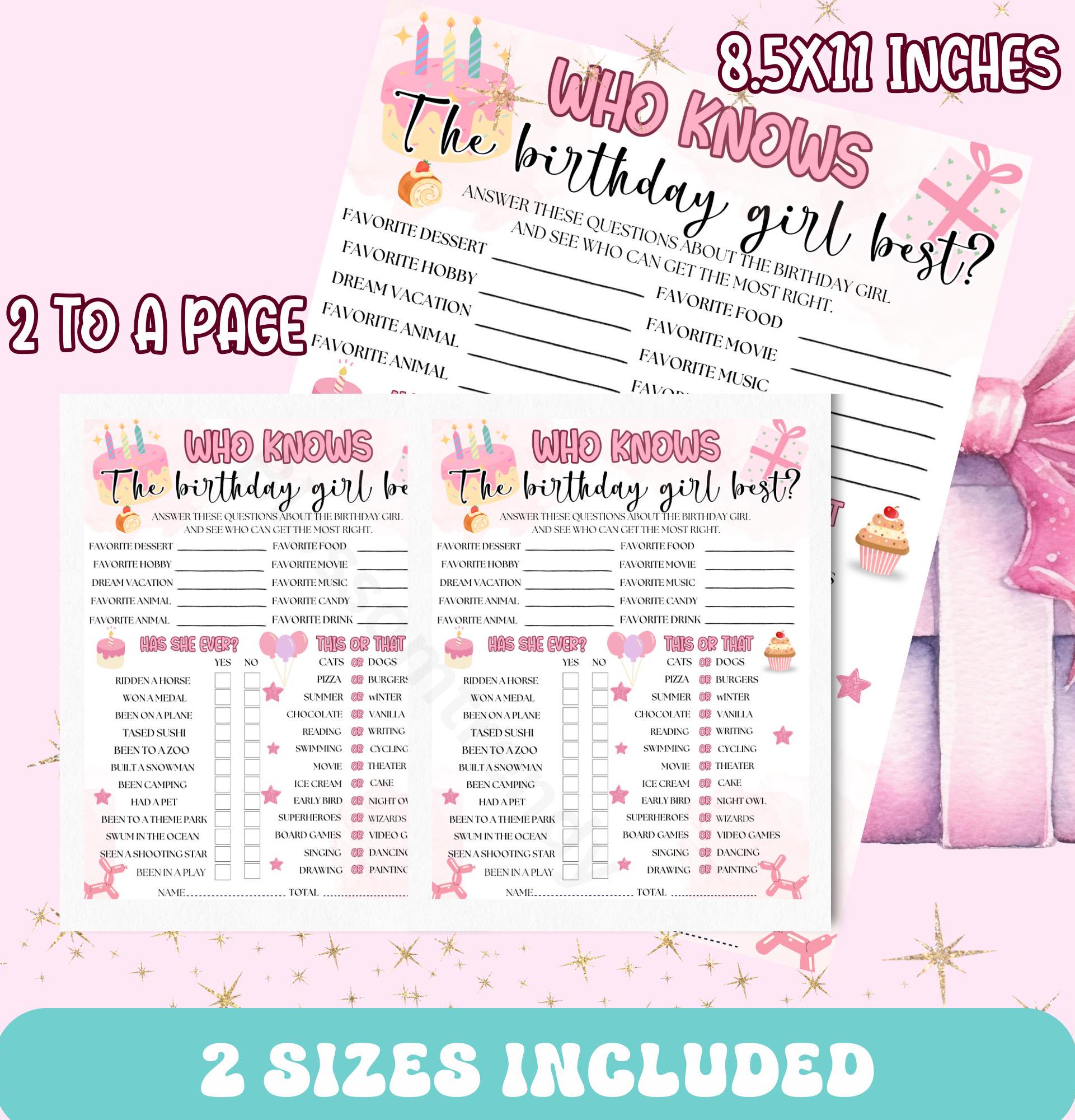 Who Knows the Birthday Girl Best, Birthday Party Games, Editable ...