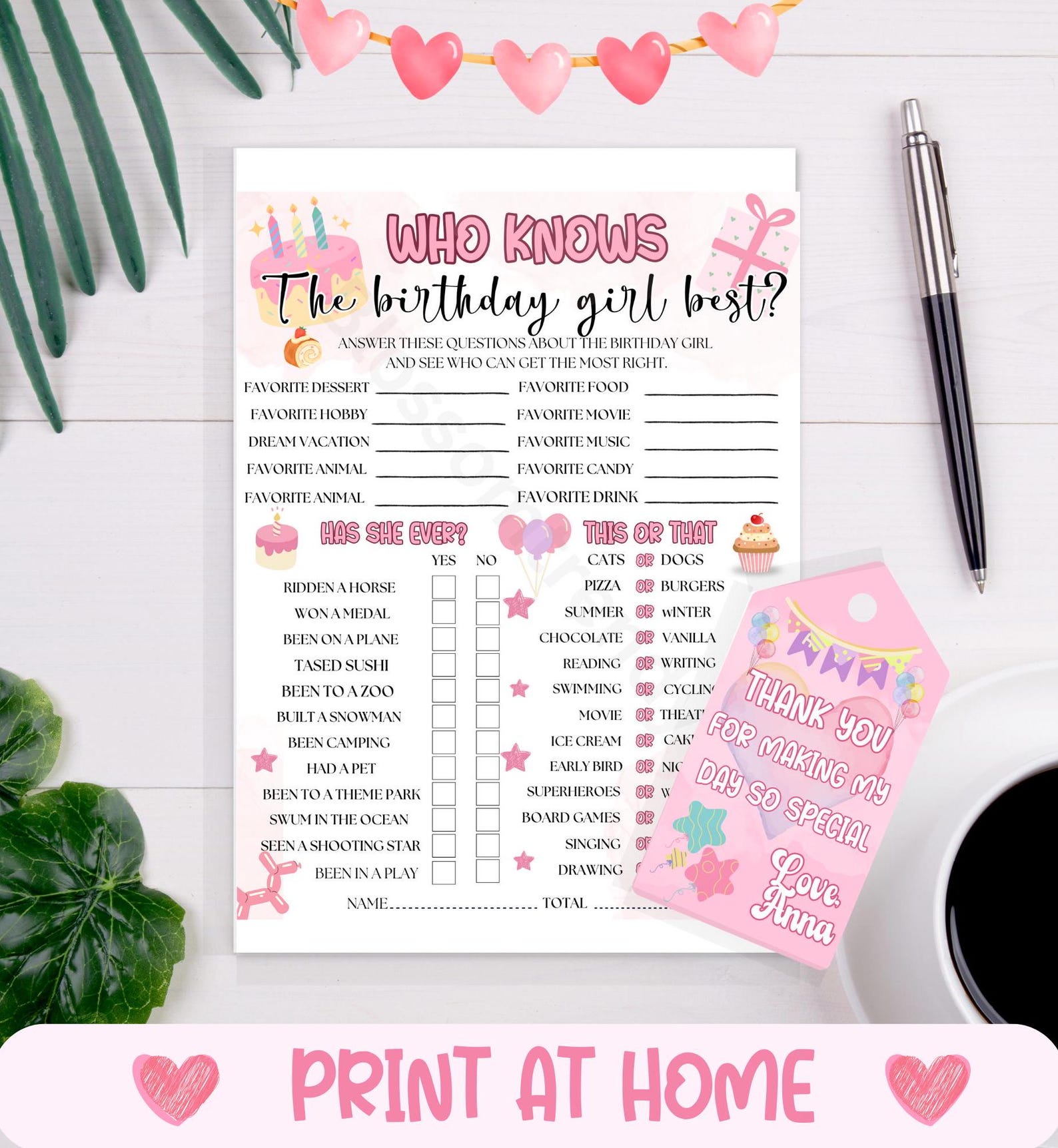 Who Knows the Birthday Girl Best, Birthday Party Games, Editable ...