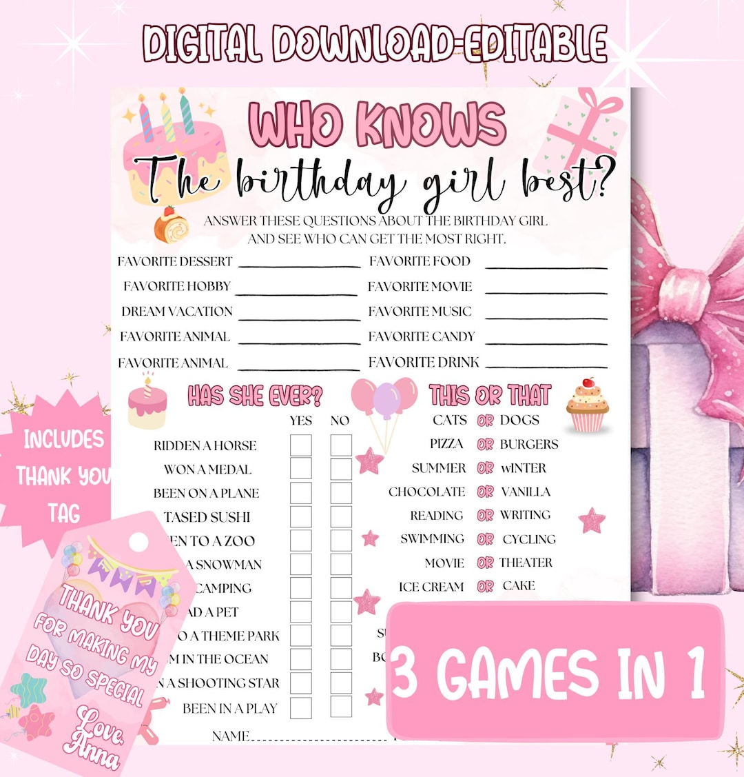 Who Knows the Birthday Girl Best, Birthday Party Games, Editable ...