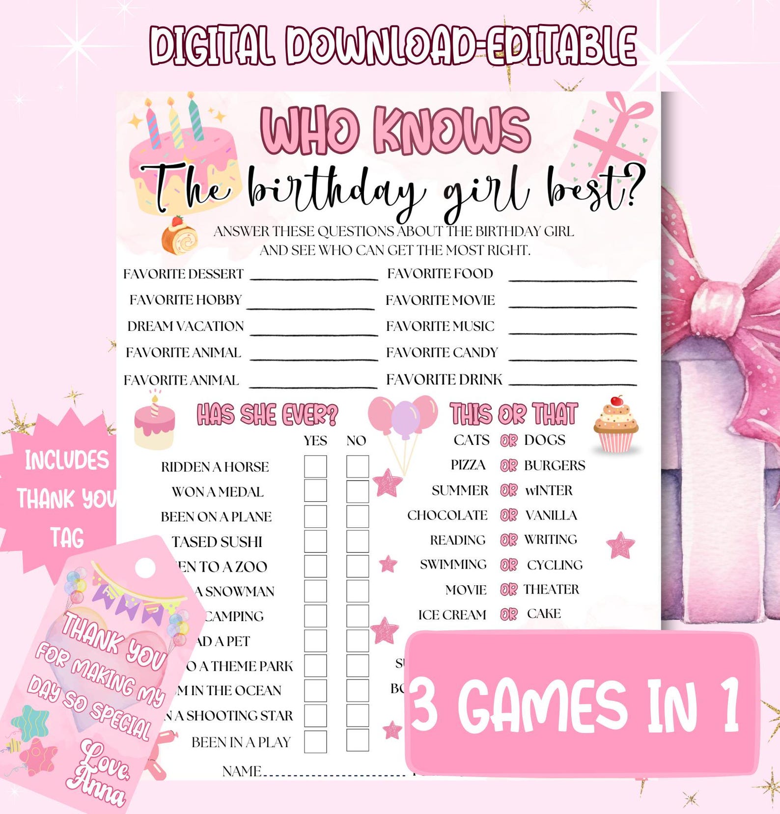 Who Knows the Birthday Girl Best, Birthday Party Games, Editable ...