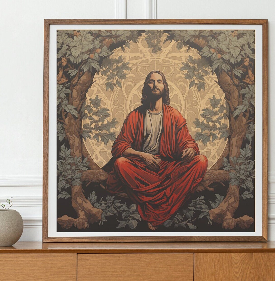 Tranquil Divine Contemporary Jesus Under a Tree Wall Art Illustration ...