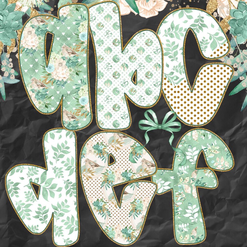 Watercolor MINT FLOWERS Alphabet Bundle Png, Preppy Green Doodle Alpha ...