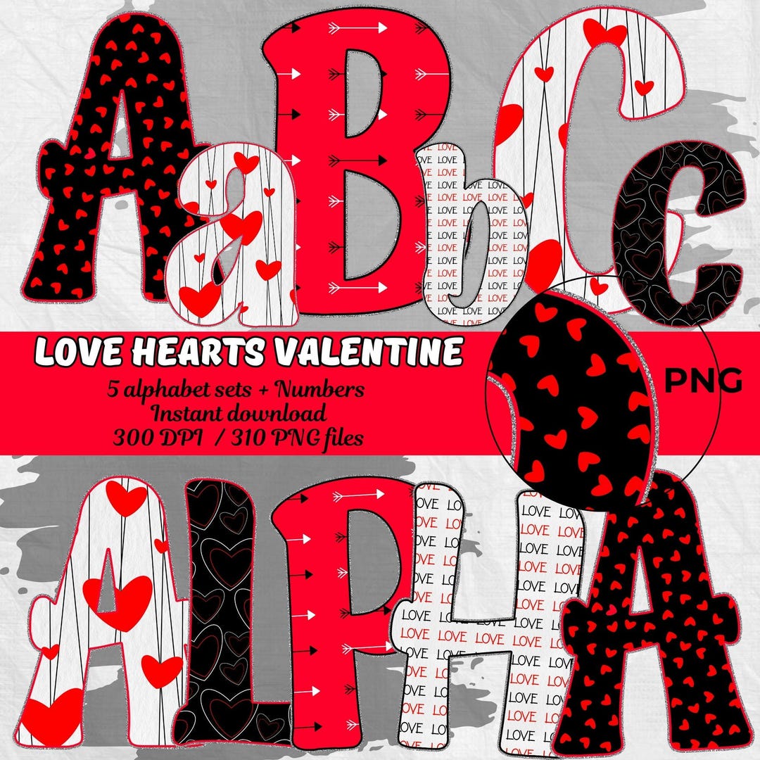 Valentine Alphabet PNG With Hearts, Love Letters & Numbers, Alphabet ...