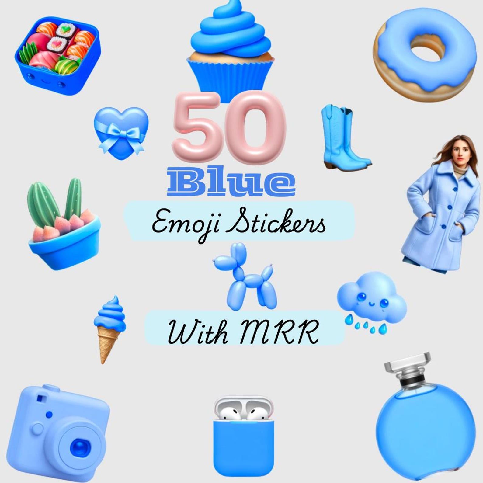 Ios18 Custom Emoji Sticker Pack | 50 Blue Girly Aesthetic iPhone Emojis ...