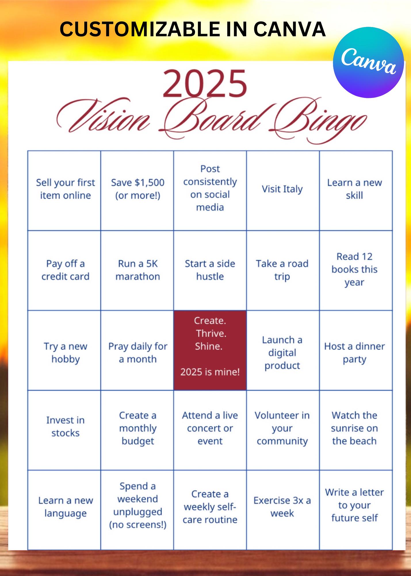 Vision Board Bingo 2025 Printable | New Year Resolution Bingo Card ...