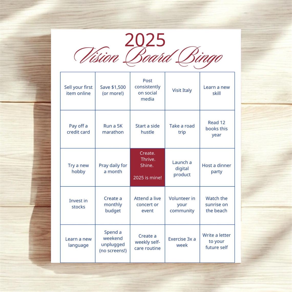 Vision Board Bingo 2025 Printable | New Year Resolution Bingo Card ...