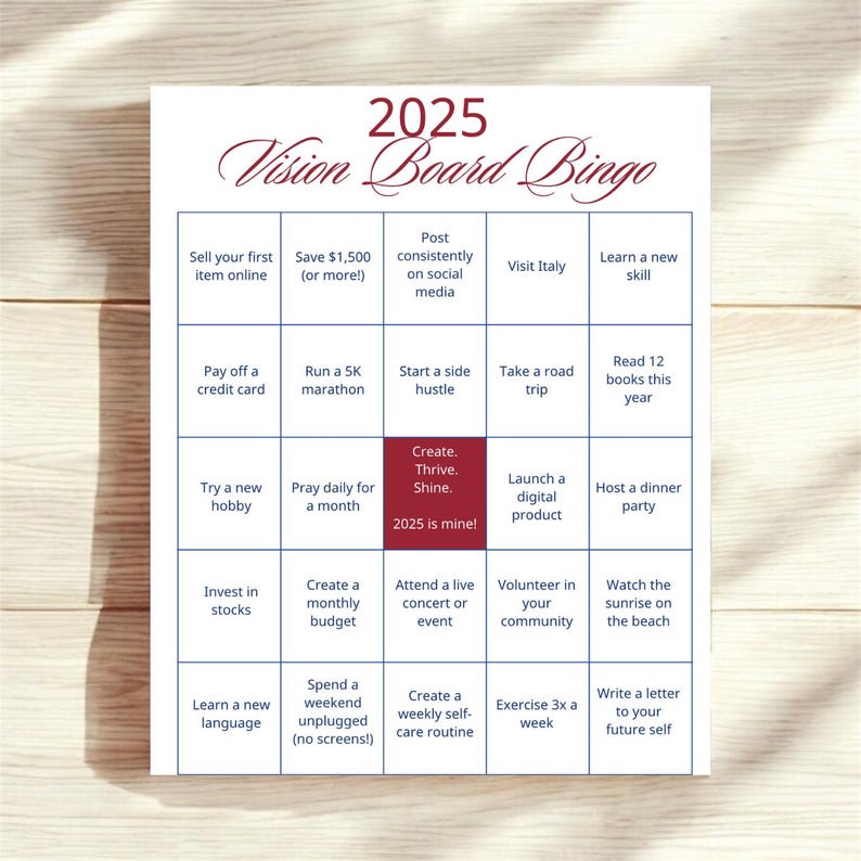 Vision Board Bingo 2025 Printable | New Year Resolution Bingo Card ...