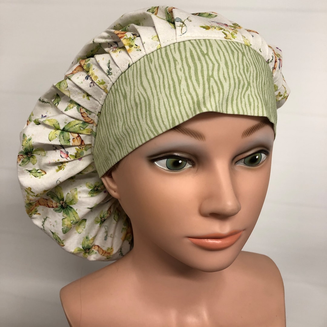 Scrub Hat, Pleated Bouffant Style, Wide Band, Coconut Palms, Greens ...
