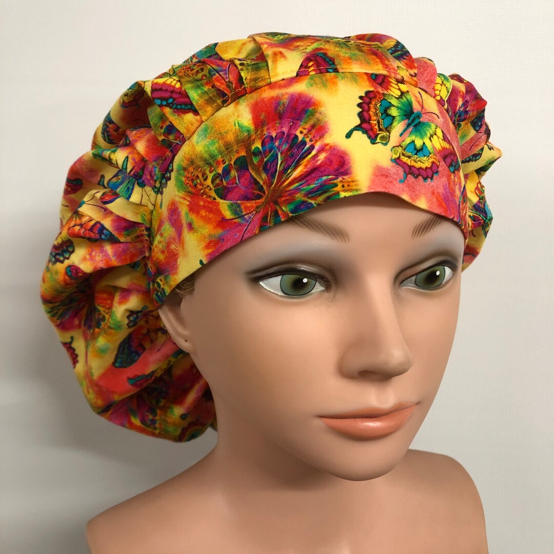 Scrub Hat, Pleated Bouffant Style, Wide Band, Electric Butterfly Print ...