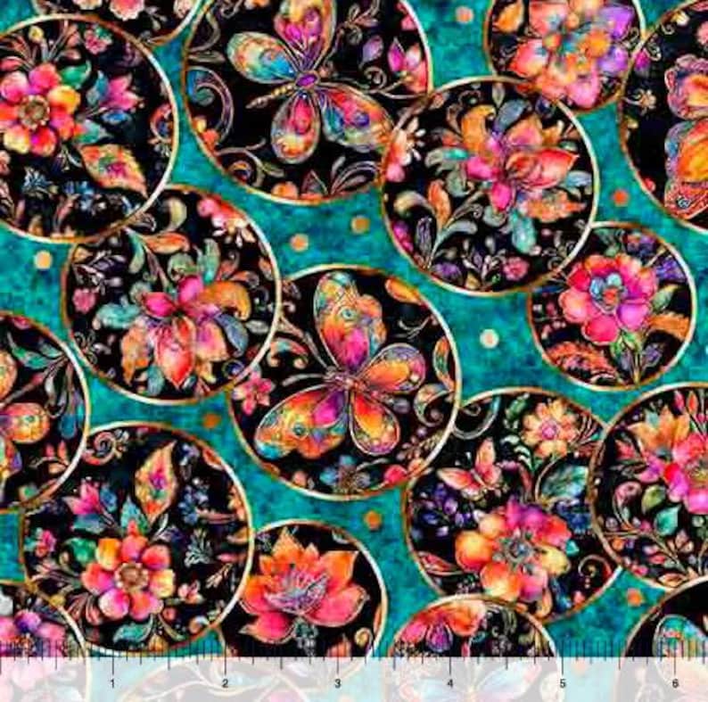 Fluttering Gardens Cotton Quilting Fabric From QT Fabrics, Teal ...