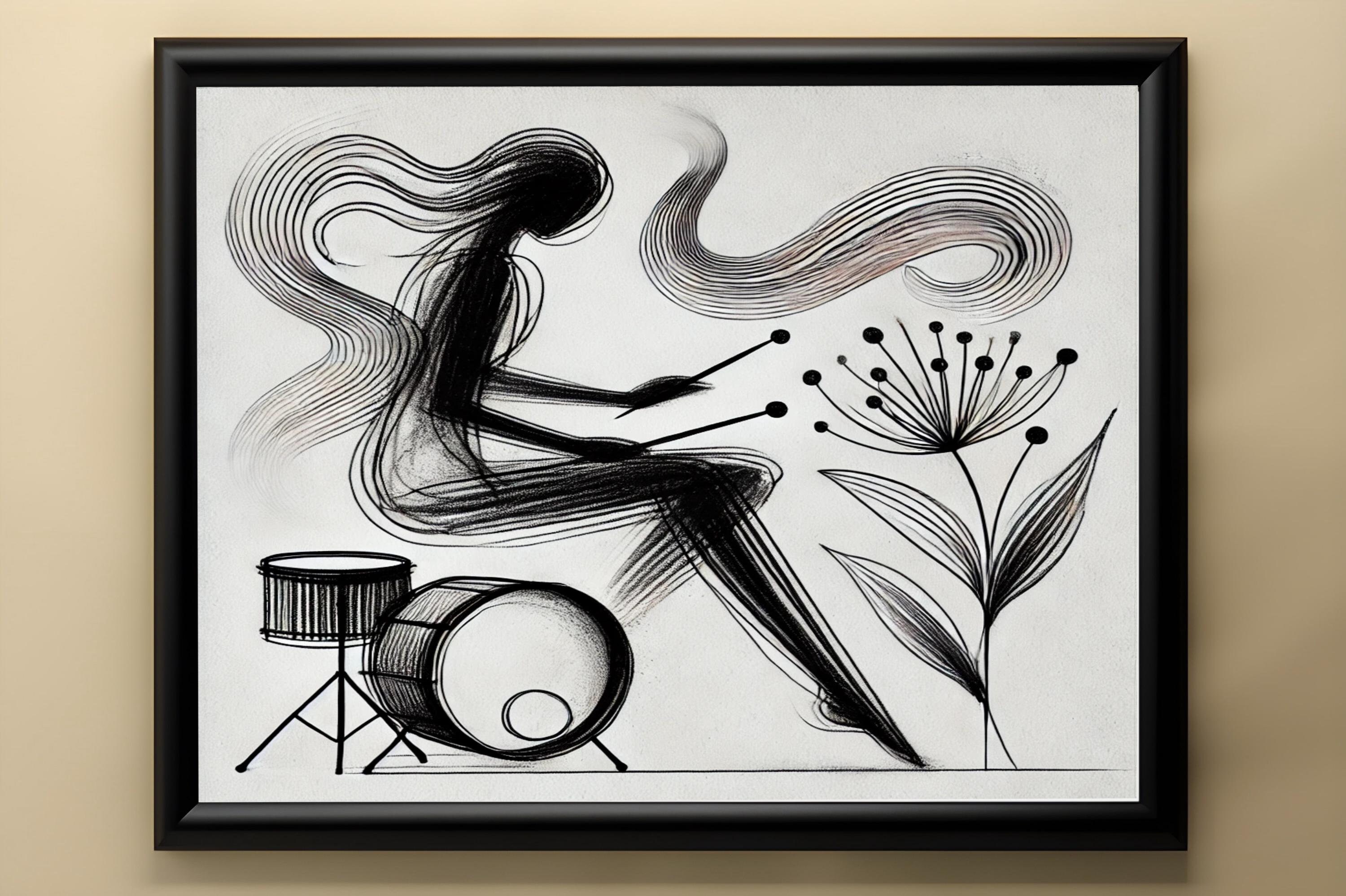 Minimalist Drummer Line Art With Floral Design – Modern Digital ...