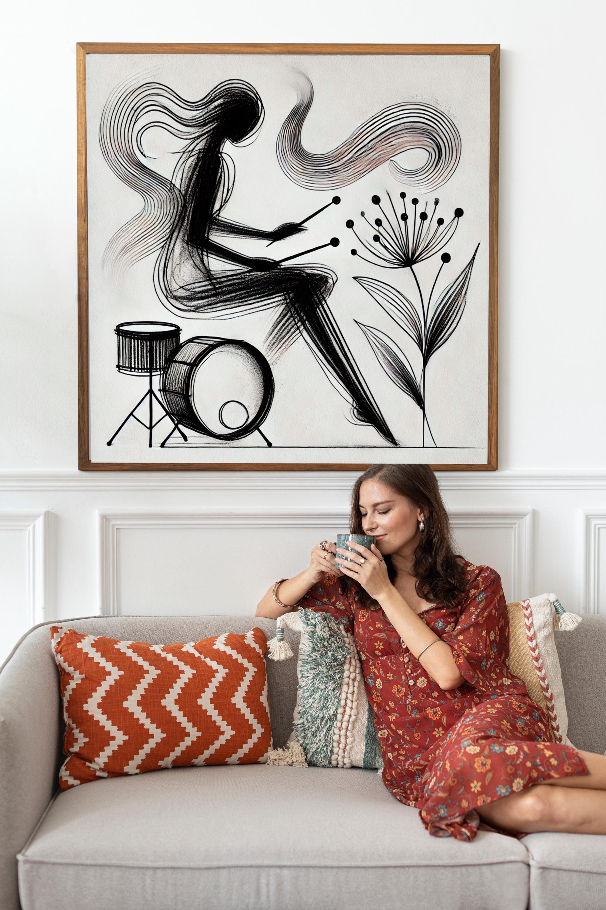 Minimalist Drummer Line Art With Floral Design – Modern Digital ...