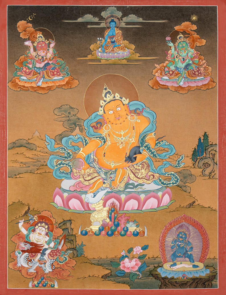 Zambala Thangka | Tibetan Wealth God Painting | Handmade 24K Gold ...