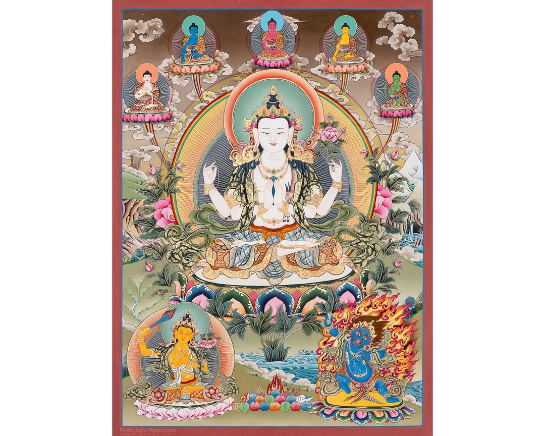 Chenrezig Thangka: Buddha of Compassion, Tibetan Art on Cotton Canvas ...