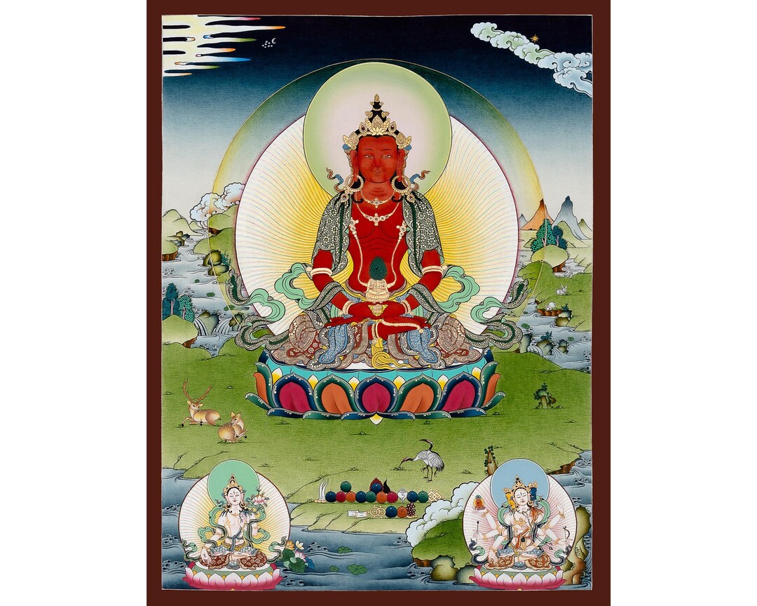 Hand-painted Amitayus Thangka – Beautiful Tibetan Deity of Endless Life ...