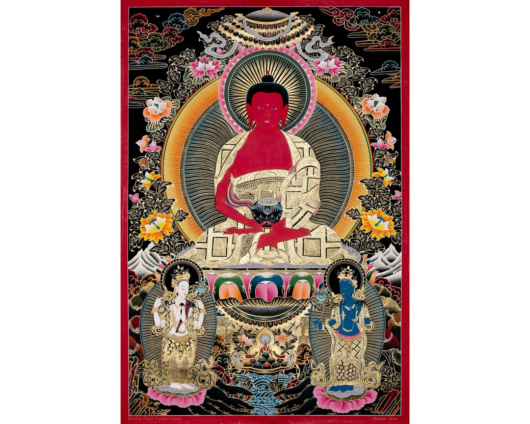 Amitabha Buddha and Chengrezig Thangka Painting | Tibetan Buddhist Wall Hanging Art for Peace ...