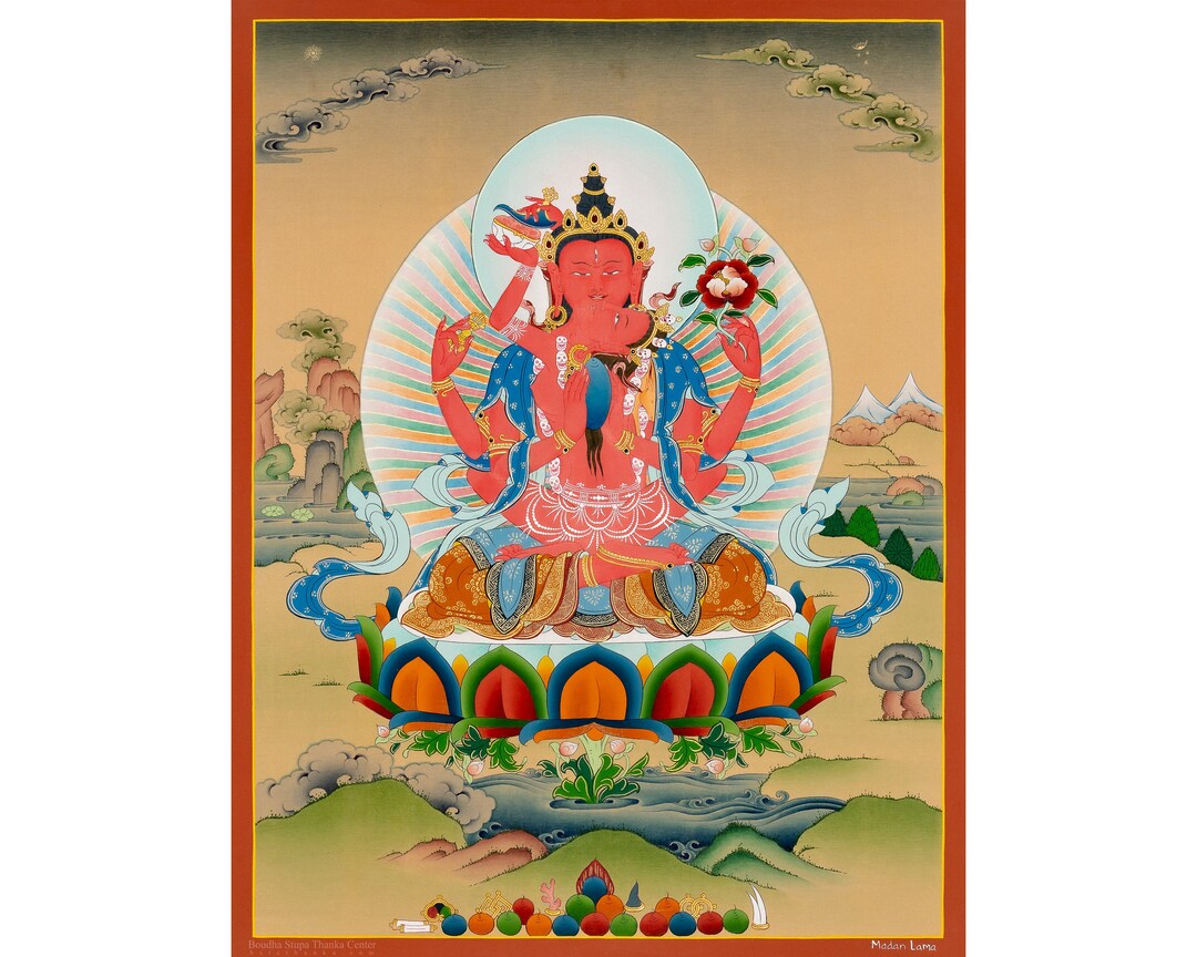 Red Chenrezig Thangka Painting Handcrafted Tibetan Art for Compassion ...