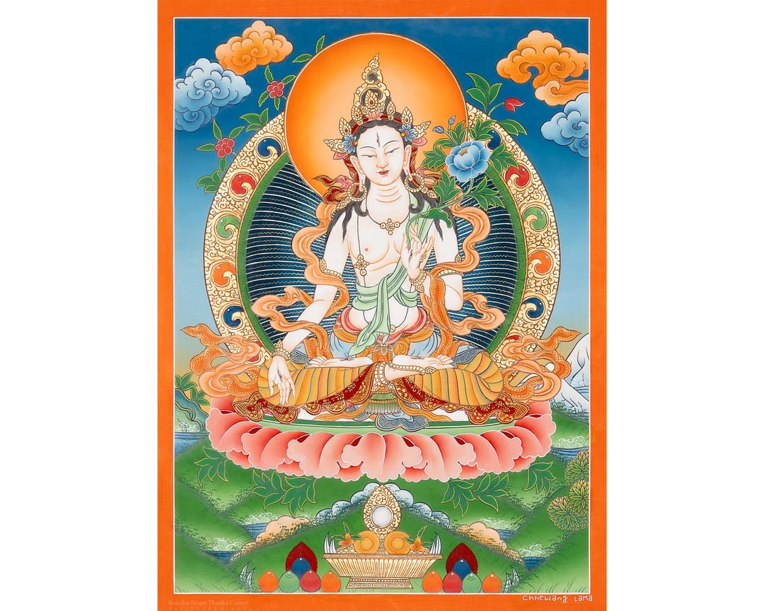 White Tara Thangka – Tibetan Goddess of Compassion & Longevity | Wall ...