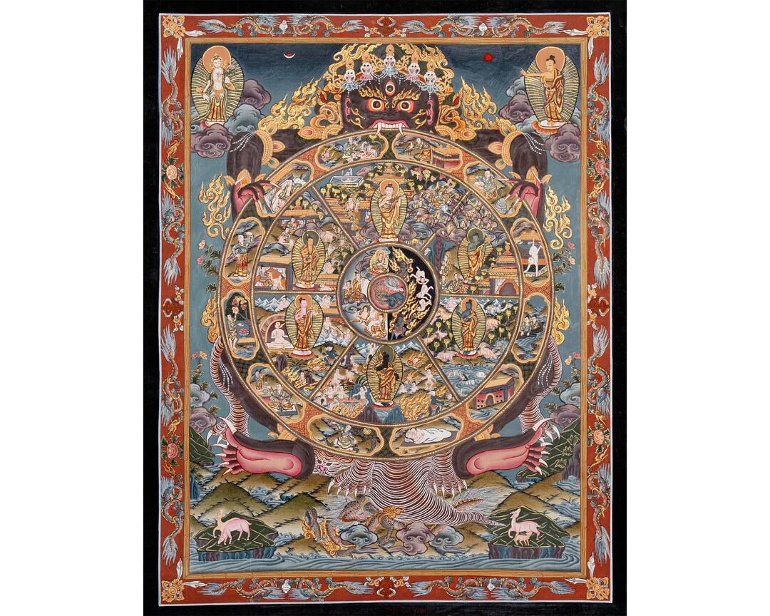 Thangka Wheel of Life Painting,intricate Samsaric Mandala Art,spiritual ...