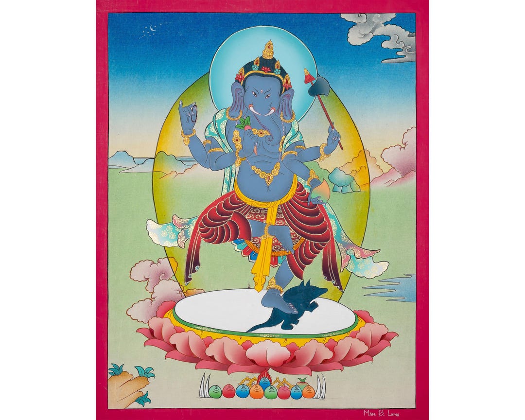 Tibetan Ganesh Thangka |handmade Art | Remover of Obstacles & Lord of ...