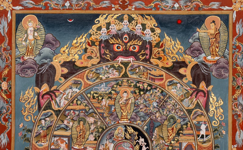 Thangka Wheel of Life Painting,intricate Samsaric Mandala Art,spiritual ...