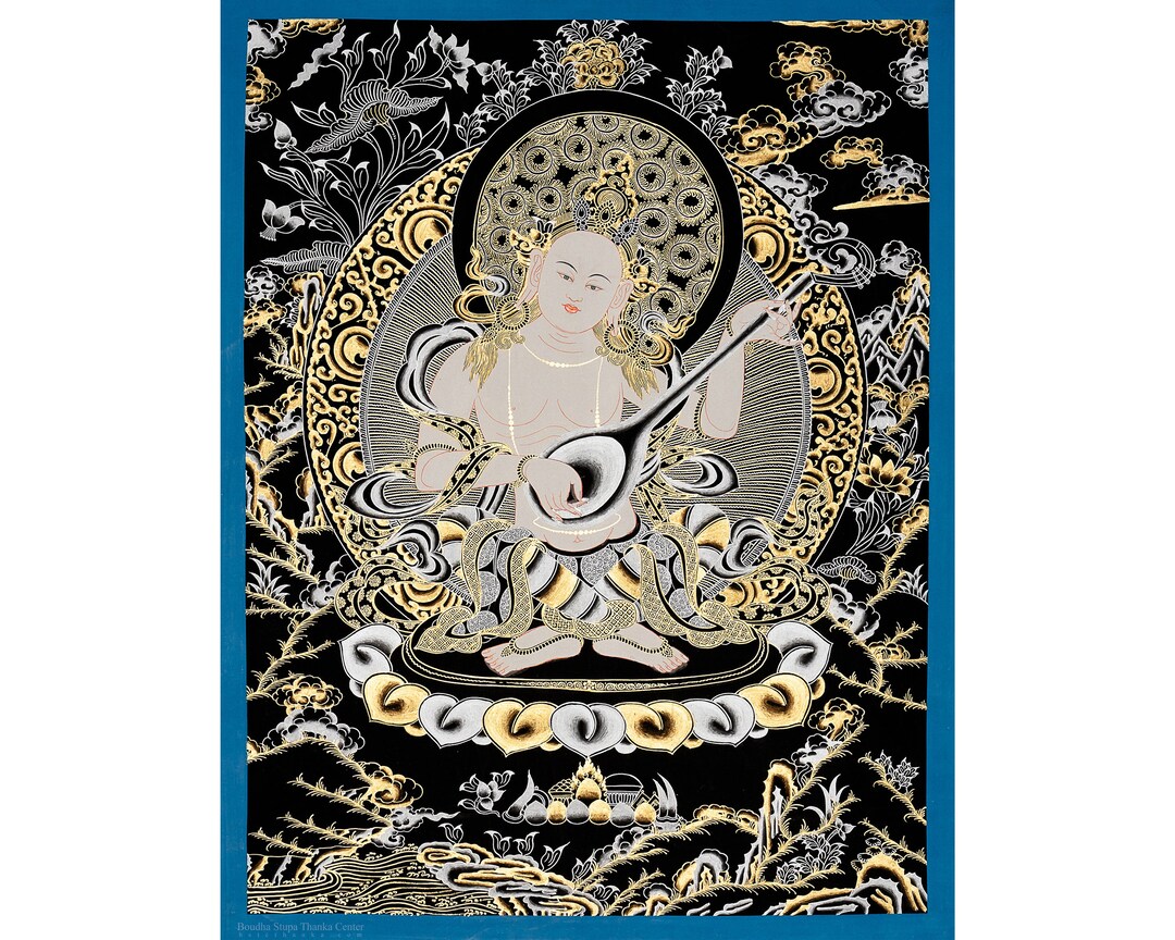 Saraswati Thangka: Goddess of Wisdom and Arts | Hand-made | Beautiful ...