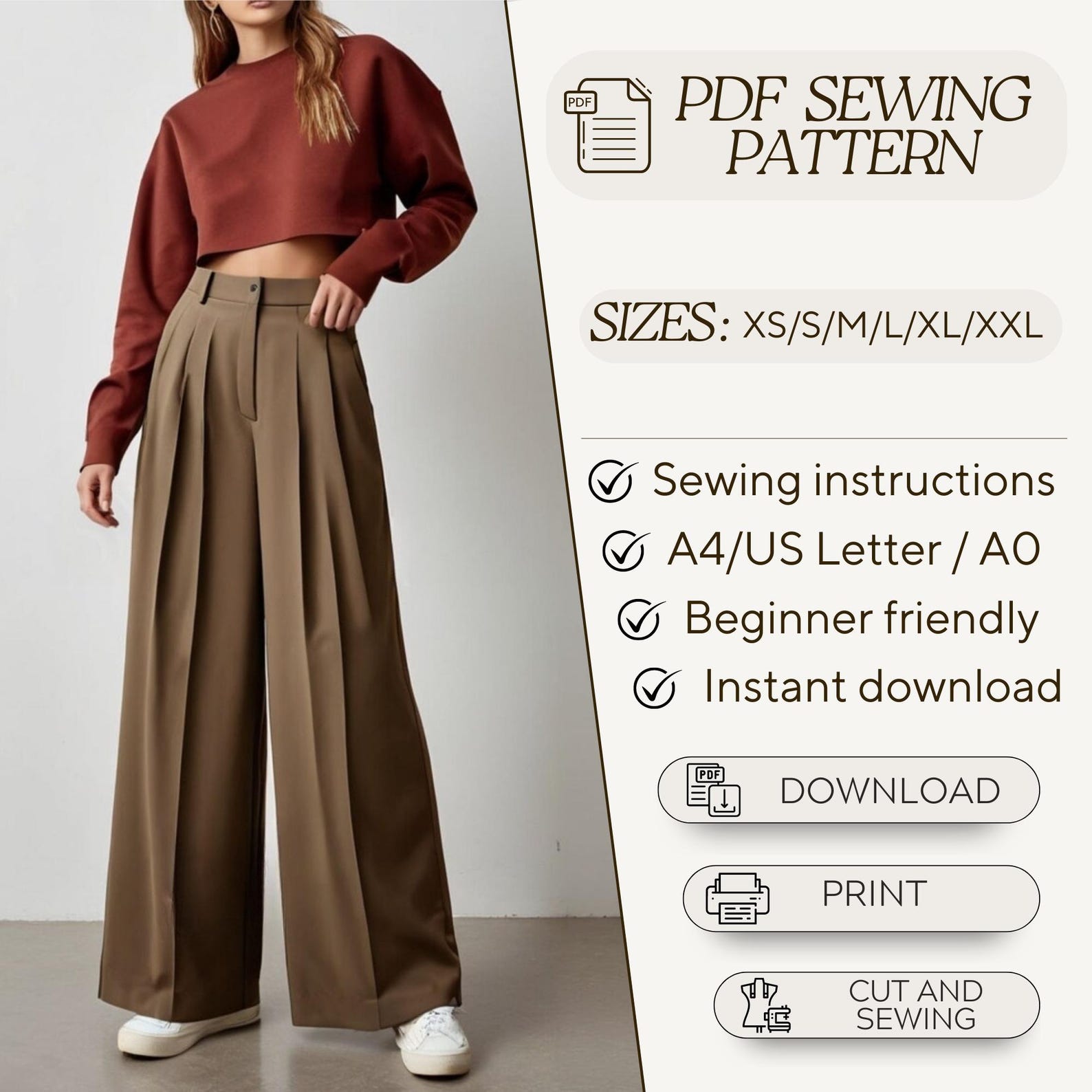 Set Palazzo Pants Top Sewing Pattern | Top Long Sleeve | Wide Leg ...