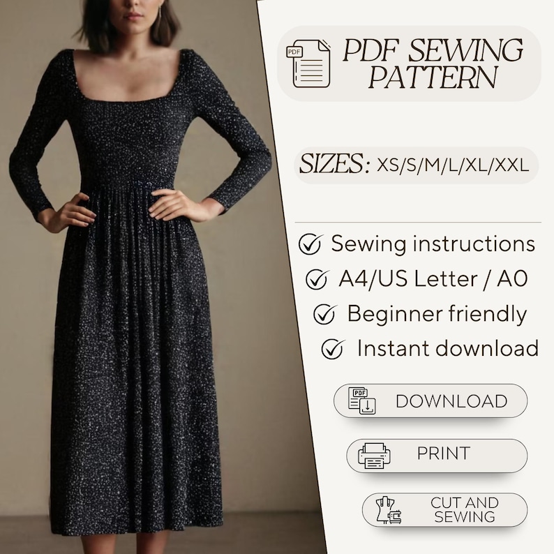 Long Sleeve Dress Sewing Pattern | Square Neck Dress PDF Pattern ...